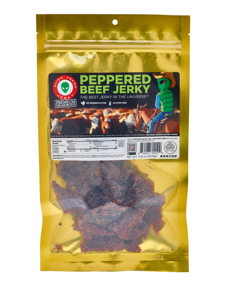 Grass-Fed Peppered Beef Jerky (3.25 oz) | Alien Fresh Jerky | Baker, CA
