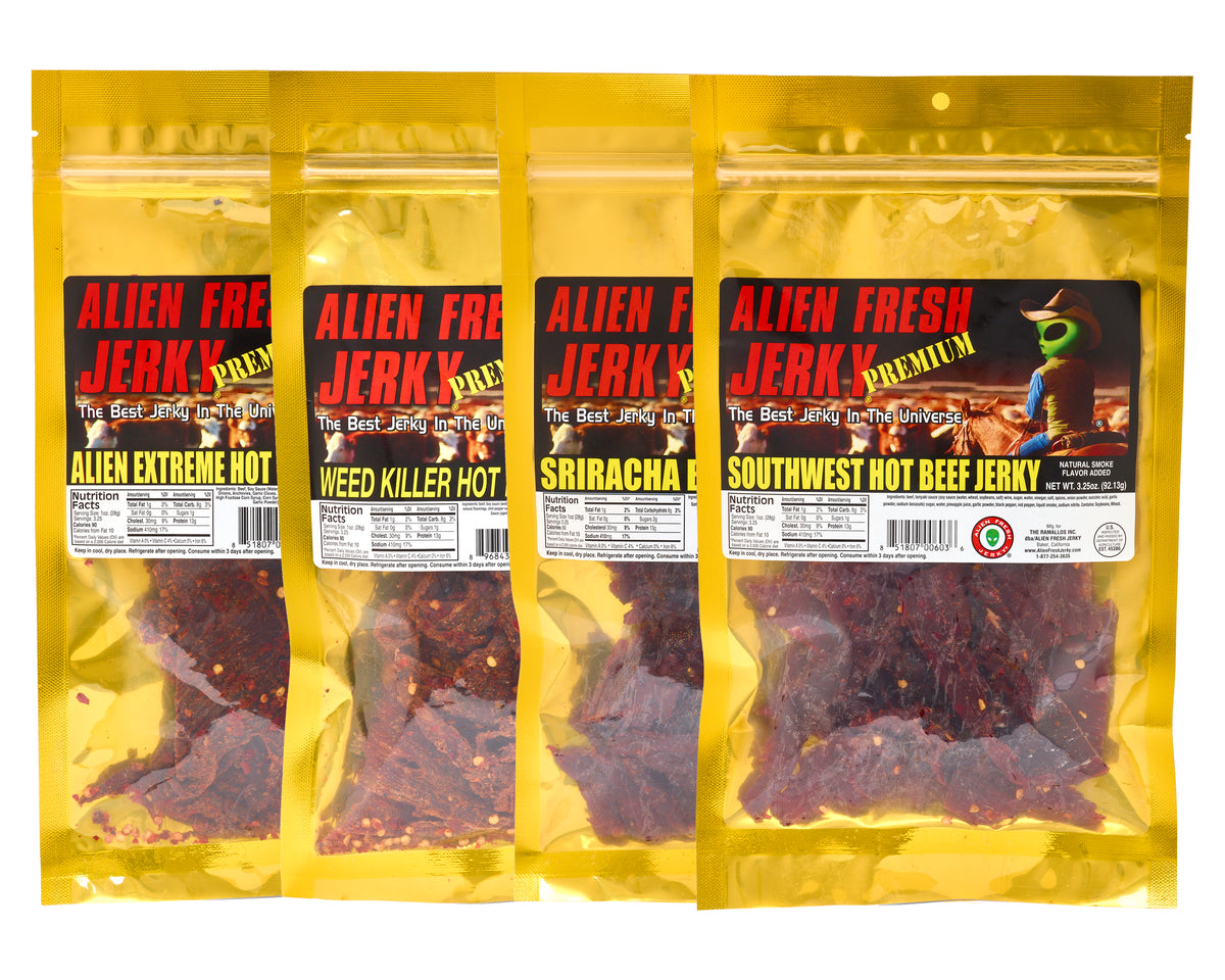 4-Pack - The Classics Hot Pack (3.25oz Bags) – Alien Fresh Jerky
